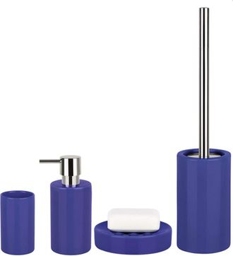 Spirella Badezimmer Set, 4-teiliges Badzubehör aus Porzellan Tube Seifenspender, Seifenschale, WC Bürste und Zahnputzbecher Blau