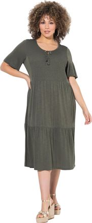 Ulla Popken Damen große Größen Übergrößen Plus Size Jerseykleid, Smokeinsatz, Rundhals, Glocken-Halbarm olivgrau 58+ 837424200-58+