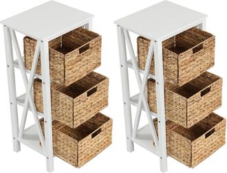 Giantex Beistelltisch mit 3 Ebenen, Nachttisch mit 3 K&ouml;rben aus Seegras, stabiler Holzrahmen, Aufbewahrungsschrank f&uuml;r Sofa, M&ouml;bel-Organizer f&uuml;r Wohnzimmer un