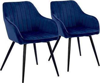 Happy Garden Lot de 2 chaises en Velours BERTILLE Bleues - Style Moderne avec Dossier et accoudoirs en Velours rembourr&eacute;e et Pieds en m&eacute;tal Noir