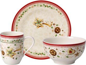 Villeroy & Boch Winter Bakery Delight Fr&uuml;hst&uuml;cks-Set 3-teilig | Kaffeebecher, M&uuml;slischale und Fr&uuml;hst&uuml;cksteller | Weihnachtliches Geschirr-Set | Premium Porzellan