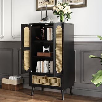 Merax Rattan Sideboard Kommode Wohnzimmer mit Rattan-T&uuml;ren&Schublade, Sideboard Holz Buffet Aufbewahrungsschrank K&uuml;chenschrank mit 4 Staur&auml;umen, Schwarz/60x