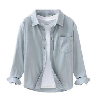 Generic Chemise décontractée à manches longues pour homme - Coupe ample en coton avec rayures - Couleur unie, Gris/bleu, XL