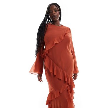 Asos Curve ASOS DESIGN Curve - Robe longue à larges volants et manches longues évasées - Rouille-Rouge