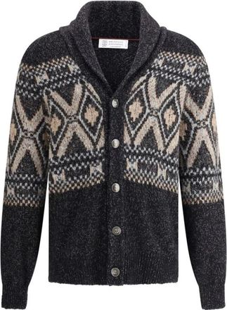 Brunello Cucinelli Homme, Pulls, Noir, Taille: XL Cardigan en laine à motif diamant