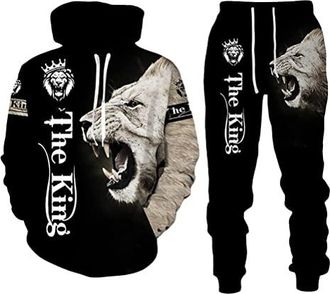 Onsoyours Homme Jogging Survêtement Costume Ensemble Imprimé Sweat Shirt avec Motif Lion Tigre Capuche Pantalon Casual Combinaison de Jogging A3 XXL