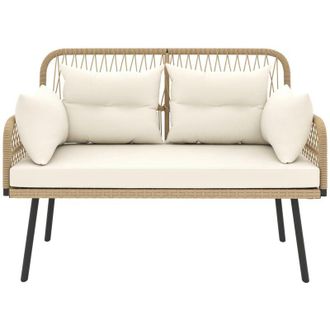OUTSUNNY Canap&eacute; de jardin 2 places style colonial 5 coussins beige r&eacute;sine tress&eacute;e aspect rotin