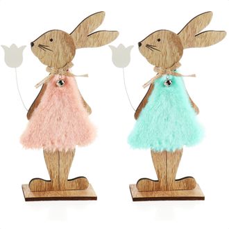 Com-Four 2X Deko Aufsteller für Ostern - Osterhase im Kleid mit Blume - Osterdeko zum Hinstellen - Osterdekoration aus Holz (2 Stück - blau/rosa)