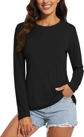 Magcomsen Longsleeve Damen Baumwolle Langarm Shirts Basic Langarmshirt Tshirt Regular Fit Tägliche Winter Lässig Schwarz XXL
