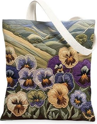 Generic Sac fourre-tout en toile de pens&eacute;e tricot&eacute;e printani&egrave;re pour faire du shopping, 33 x 38,1 cm, sac d&eacute;picerie r&eacute;utilisable pour femme, paysage floral, p