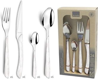 Amefa ECLAT Besteck Set NATURE Wei&szlig; Holz Essbesteck 24-teilig f&uuml;r 6 Personen Edelstahl rostfrei Kunststoff-Griffschalen in Holzoptik sp&uuml;lmaschinenfest Beste