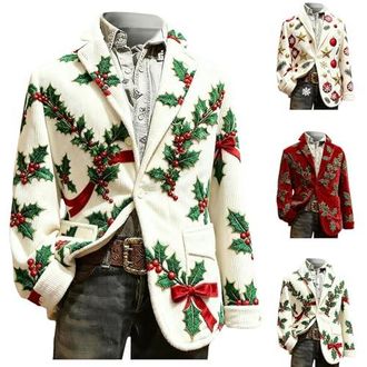Generic Veste de costume de Noël en velours côtelé pour homme - Blazer amusant à manches longues et revers boutonné - Tenue de Noël décontractée - Vêtement de