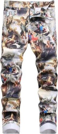 Generic Jean Homme Jean Homme Regular Jeans Homme Confortable Classique Large Imprim&eacute; D&eacute;contract&eacute; - Pantalon Denim avec Poches, Parfait pour Festival ou Week-