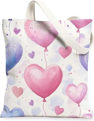 Generic Sacs fourre-tout en toile motif coeur ballon, sacs r&eacute;utilisables color&eacute;s sur le th&egrave;me de lamour, sacs printaniers, romantiques, artistiques, l&eacute;gers et