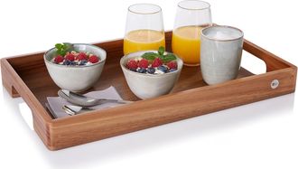 Adhoc Tablett Serviertablett Serve Smart | Tragetablett mit Griff aus hochwertigem Akazienholz (Boden Walnuss furniert) | Servierplatte mit 50x30cm