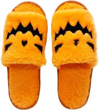 Generic Pantoufles dHalloween pour adultes, chaussures dint&eacute;rieur pelucheuses en peluche avec motif visage de citrouille, pantoufles dint&eacute;rieur douces et chau
