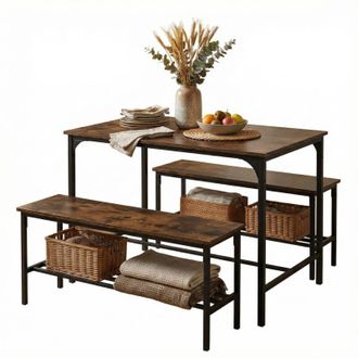 Furniture R FurnitureR Ensemble de 3 tables &agrave; manger de 110 cm avec 2 bancs, structure en acier et bois, style industriel brun rustique, pour 4 personnes