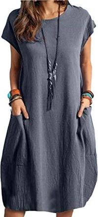 Onsoyours Robe dété pour Femme Col Rond Robe Vintage en Lin Boho Loose Robes de Plage Manches Courtes Casual A Gris XXL