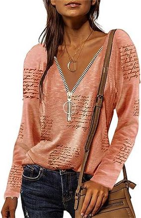 Onsoyours T-Shirt Manche Longue Femmes Sexy Tee Shirt Coton Couleur Unie Col en V D&eacute;contract&eacute;e Zip Tops Blouse Chemisier Hauts Femme Chic Tee Shirt Basique Tuni