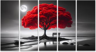 Islandburner Prime Bild auf Leinwand Leuchtend Roter Baum an Einem Monochromen Strand Mit Mond Bilder Wandbilder Poster