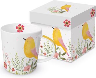 ppd Tasse Tiere Gelber Vogel auf Wiese aus Porzellan im passenden Geschenkkarton. Motivtasse für den gedeckten Tisch und als Geschenk 0,4L x H9.7cm