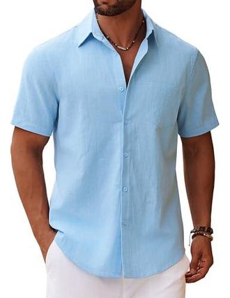 Coofandy Chemise Manche Courte Homme Chemise &Eacute;t&eacute; Leger Coton Chemise de Plage Chemise avec Poche Chemise Casual Classique Azur XXL