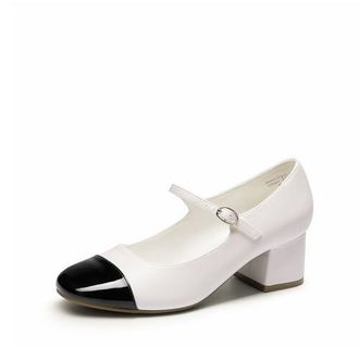 Dream Pairs Mary Jane Shoes Chaussures habillées à talon bas et fermé à bout épais pour femme, Blanc et noir, 39 EU
