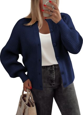 Zeagoo Strickjacke Damen Herbst Cardigan Elegant Rundhalsausschnitt Strickjacken Kurz Langarm Grobstrick Cardigan Winter Casual Open Front Sweater Navyblau S