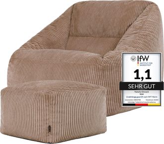 Icon Brand Natalia Sitzsack Sessel mit Hocker f&uuml;r Erwachsene, Mokkabraun, Flauschiger Cord Stoff, Riesen Sitzsack Cord mit F&uuml;llung, Bean Bag Chair, Bequemer Sess