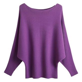 Generic Pull tricot&eacute; &agrave; manches chauve-souris et col bateau pour femme, pull tricot&eacute; &agrave; manches chauve-souris Dolman, violet, Taille unique