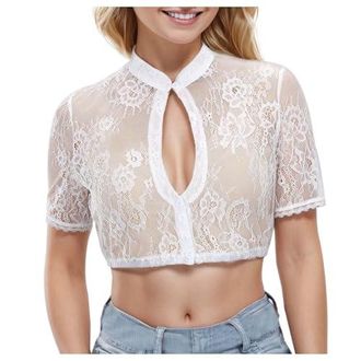 Generic Tshirt Chemisier pour femme Oktoberfest Dirndl &agrave; manches longues traditionnel allemand en dentelle stretch pour &eacute;v&eacute;nements costum&eacute;s, Blanc., XXL