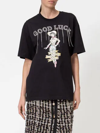 Twin-Set Baumwoll-T-Shirt mit Fransen und kontrastierendem Slogan-Print