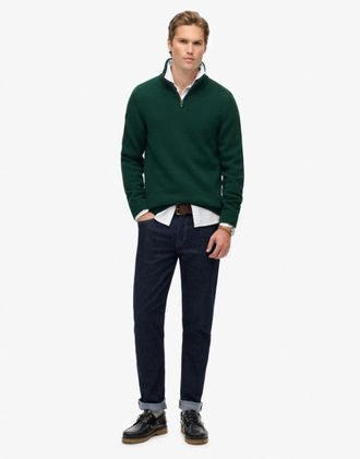 Superdry Strickpullover aus Baumwolle in Tannengr&uuml;n mit halblangem Rei&szlig;verschluss