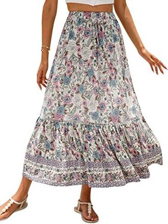 ORANDESIGNE Jupe Bohémienne Femme Skirt Bohème Midi Jupe A-Ligne Jupe dété mi-Longue à Imprimé Floral Jupe de Plage décontractée Taille Haute A Abricot XL