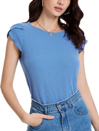 Dresstells Pull Femme Manches Courtes Été Tops Chic Chemisier Haut Bleu Elégant Décontracté Stripe Round Neck Office Top Printemps Blue XL