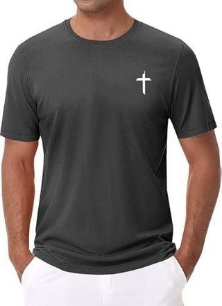 Generic Chemise décontractée élégante classique à col rond imprimé croix chrétienne à manches courtes pour le sport, le fitness, lentraînement musculaire, gri