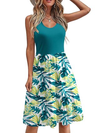 Zeagoo Sommerkleid Damen &Auml;rmellos Casual Loose Fit Kleid Rundhals Blumendruck Strandkleid Midi Tunika Kleider Gr&uuml;n XL