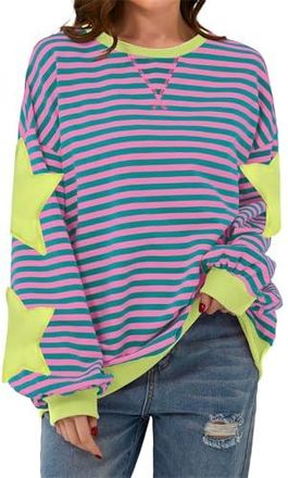 Generic Sweat-shirt ray&eacute; surdimensionn&eacute; &agrave; manches longues et col rond pour femme, rose, XL