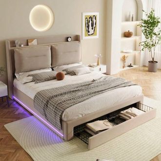 Generic Umgebungsbett 140x200 mit integrierter LED an den Seiten - Sofa, 2-in-1-Schubladen am Fu&szlig; und beigefarbener Beschichtung - Boxspring inklusive (ohne M
