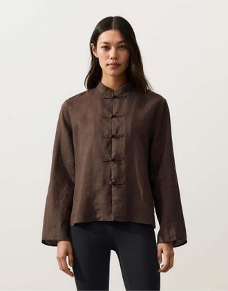 Oysho Oysho - Veste 100 % lin avec col droit et boutons - Marron