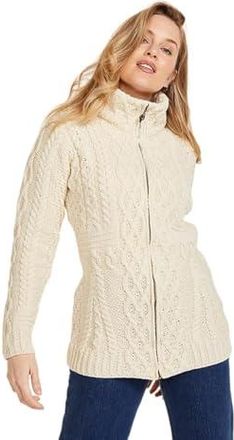 Aran Woollen Mills Irlandaise Cardigan en Laine Merino &agrave; Glissi&egrave;re pour Femme (Naturelle, S)