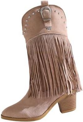 Generic Bottes de cowboy pour femme - Automne et hiver - Plat - Talon &eacute;pais - Frange - Longueur moyenne - D&eacute;contract&eacute;e - &Eacute;l&eacute;gante - Grande taille - Chaudes &agrave; 