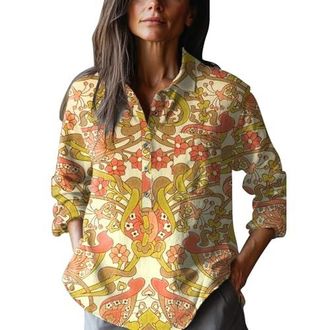 Generico Chemise Femme Curvy &agrave; Manches Longues Blouse en Lin Coton &Eacute;l&eacute;gant Grande Taille Chemises Col en V Doux Chemisier Vintage Fantaisie avec Boutons L&eacute;ger 