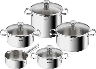 T-fal Duetto Topfset Induktion 9-teilig, robuster und hochwertiger Edelstahl, Induktions T&ouml;pfe Set mit Siebdeckel, backofengeeignet bis zu 260&deg;C (ohne Decke