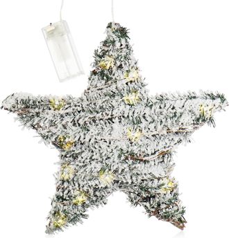 Com-Four Künstlicher Weihnachtsstern beschneit mit Beleuchtung und Timer, Stern mit Kunstschnee und 20 warmweißen LEDs, Weihnachtsdeko (01 Stück - Grün - Stern