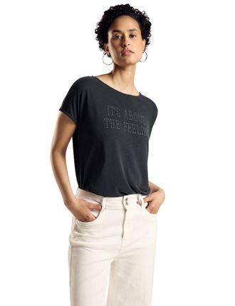 Street One Damen A321804 T-Shirt mit Schriftzug, Black, 42