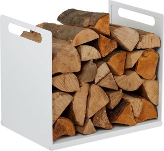 Relaxdays Kaminholzregal, Metall, modern, HBT: 35x40x30 cm, Brennholzregal für Feuerholz, Stapelholz & Brennholz, weiß