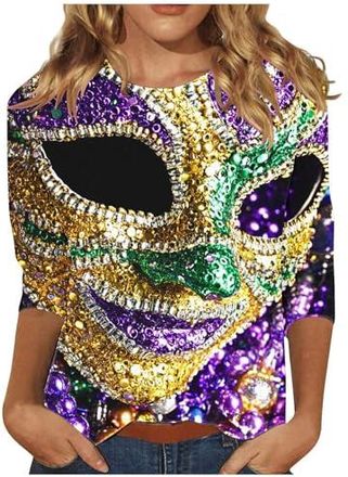 Generic Haut &agrave; manches 3/4 pour femme - Haut tendance tendance - Imprim&eacute; graphique - Col rond - &Eacute;l&eacute;gant et fin - D&eacute;contract&eacute; - Chemisier basique - T-shirt cla