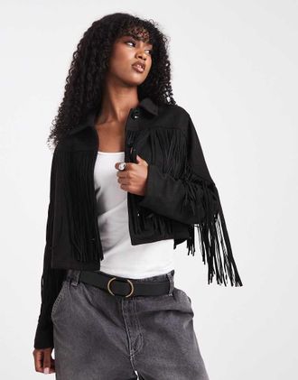 Only Jacke aus Wildlederimitat in Schwarz mit Boho-Fransenverzierung