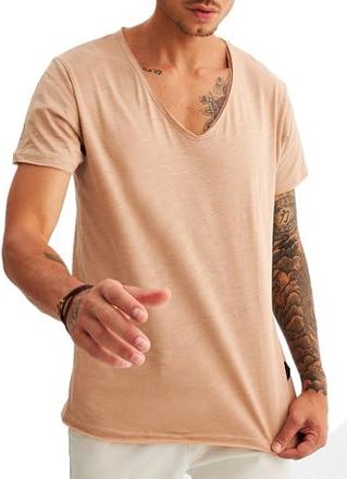 LEIF NELSON LN6280 T-shirt dété pour homme, col en V, coupe ajustée, moderne, en coton, manches courtes, long, beige, XXL